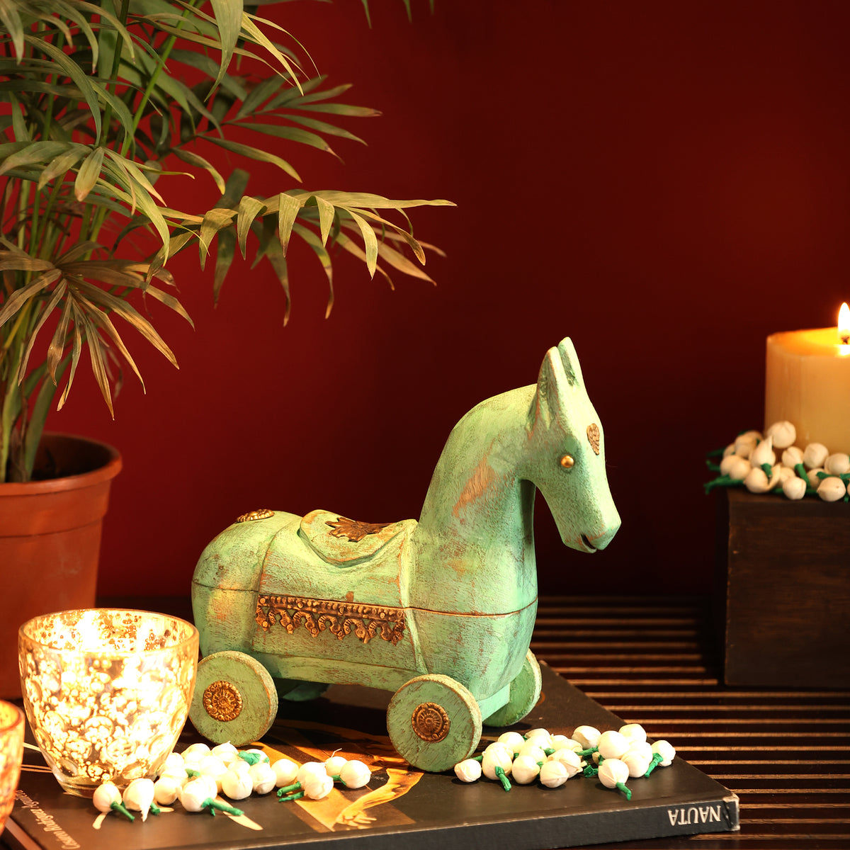 Wooden distressed Horse on wheels with Storage for Trinkets – Revive Home