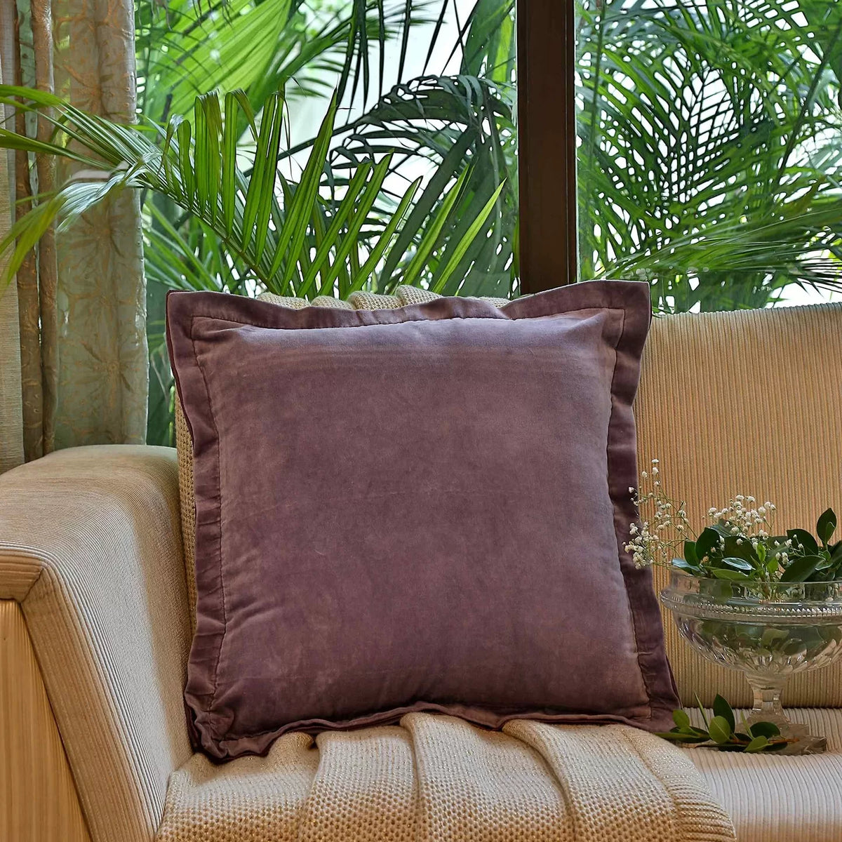 Cotton Velvet Cushion Cover - Lavender With Contrast Border Trim ...