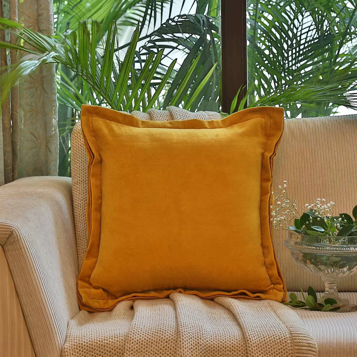 Cotton Velvet Cushion Cover - Yellow With Contrast Border Trim – Revive ...