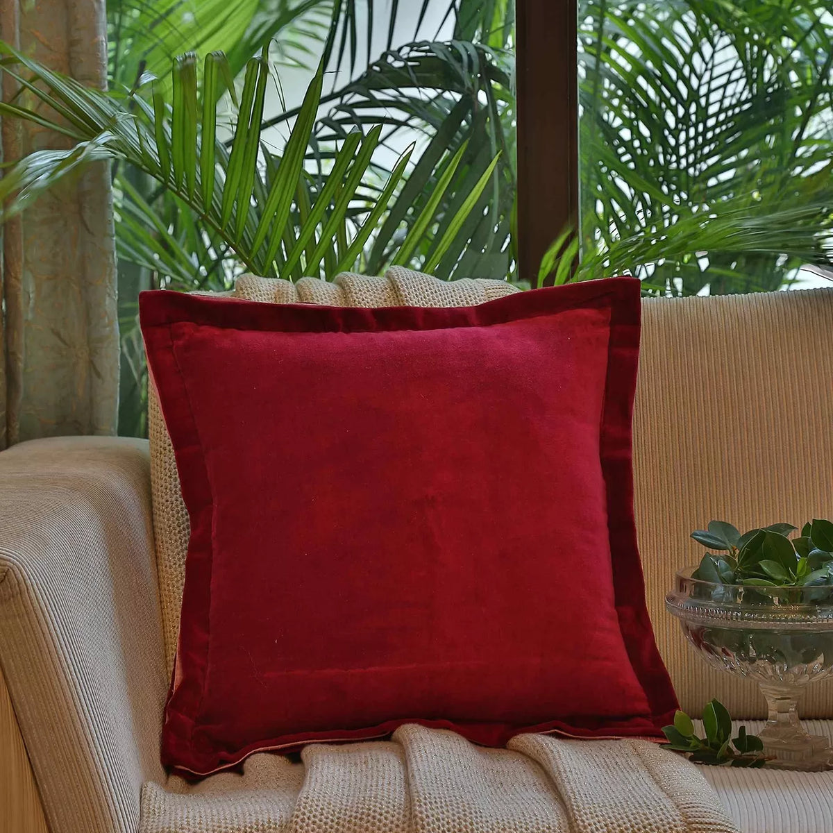 Cotton Velvet Cushion Cover - Maroon With Contrast Border Trim – Revive ...