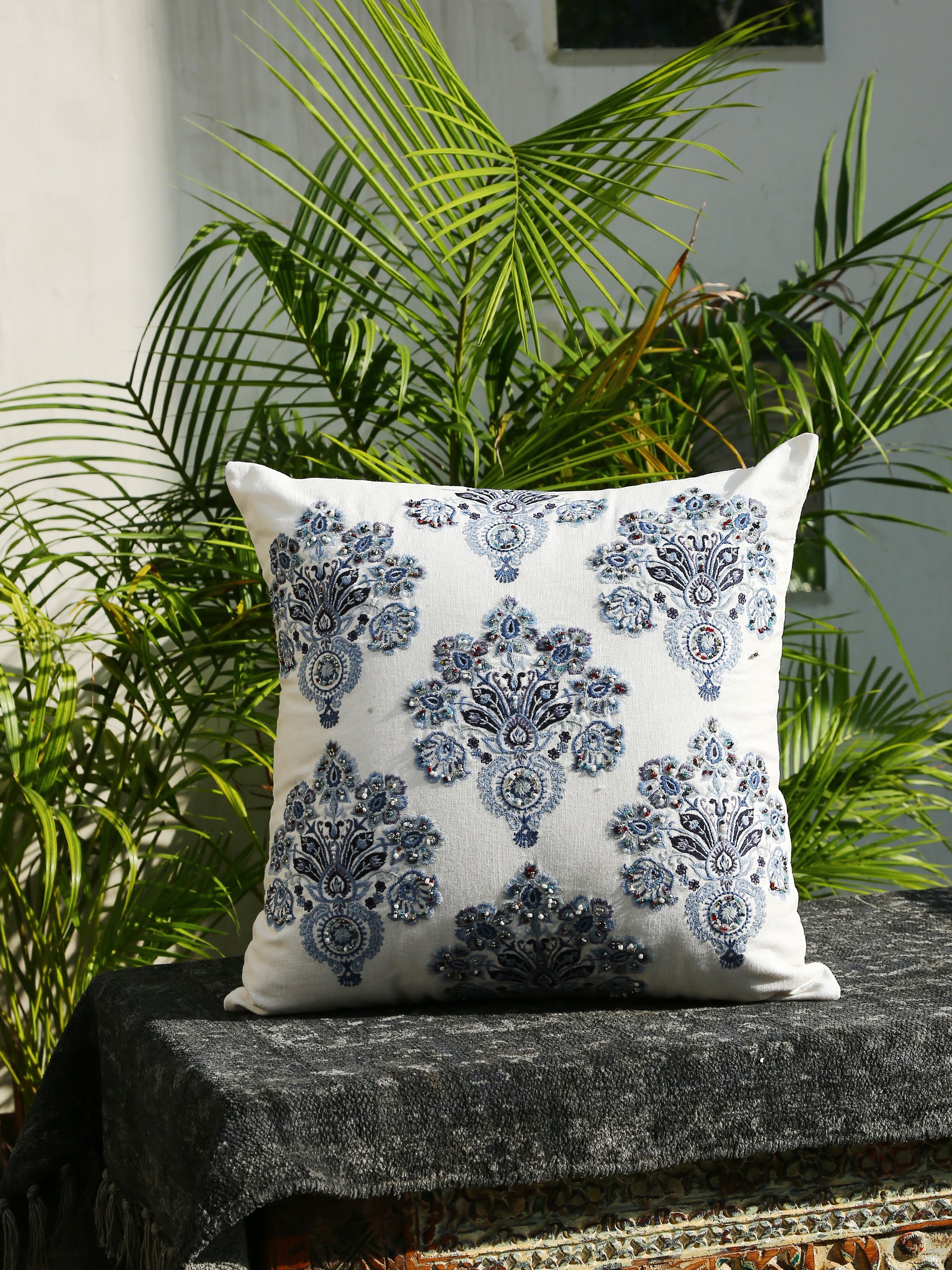 Stylish Amber Sky - Blue Mughal Flower Embellished Cushion Cover ...