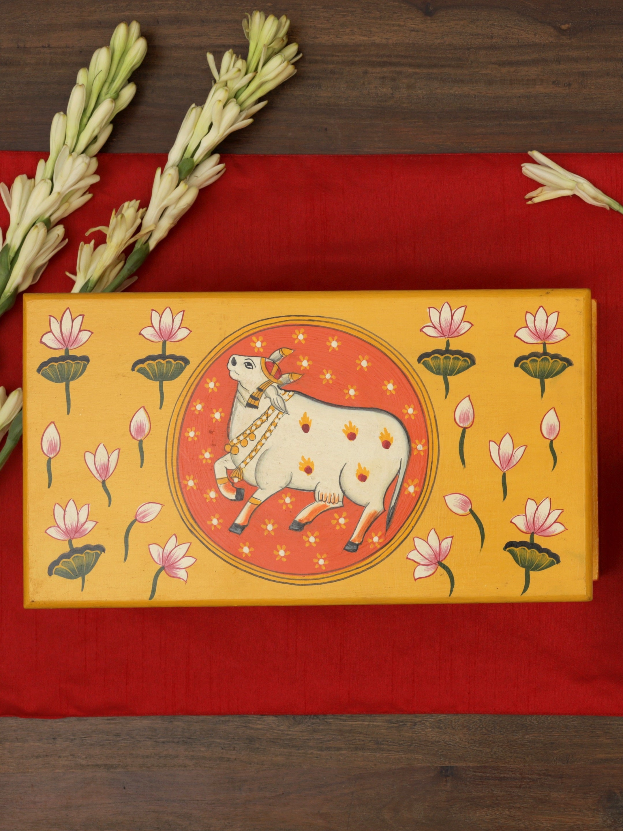 Pichwai cow painted box in yellow and orange – Revive Home