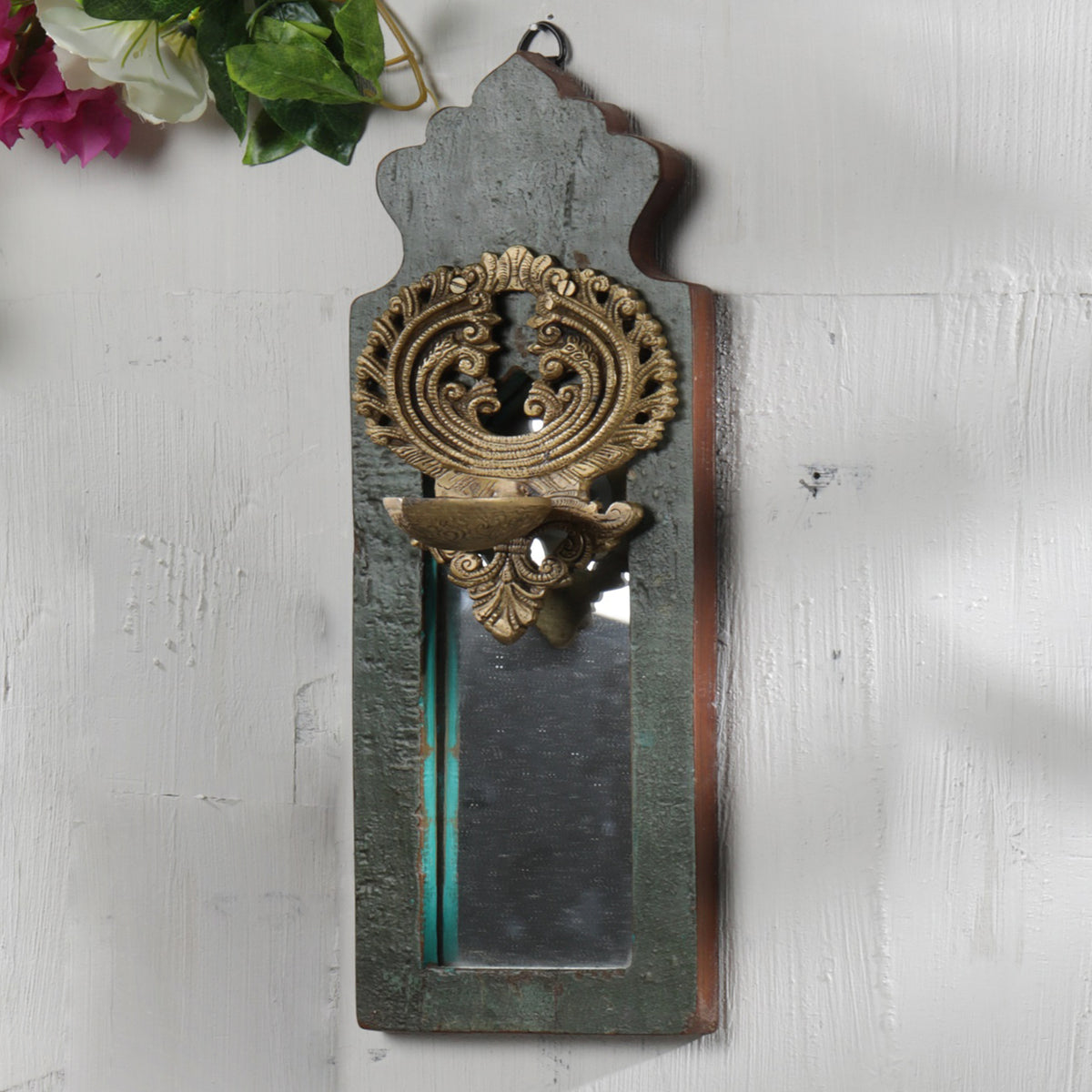 Distress Finish Mirror with Brass Diya - Style 3 – Revive Home